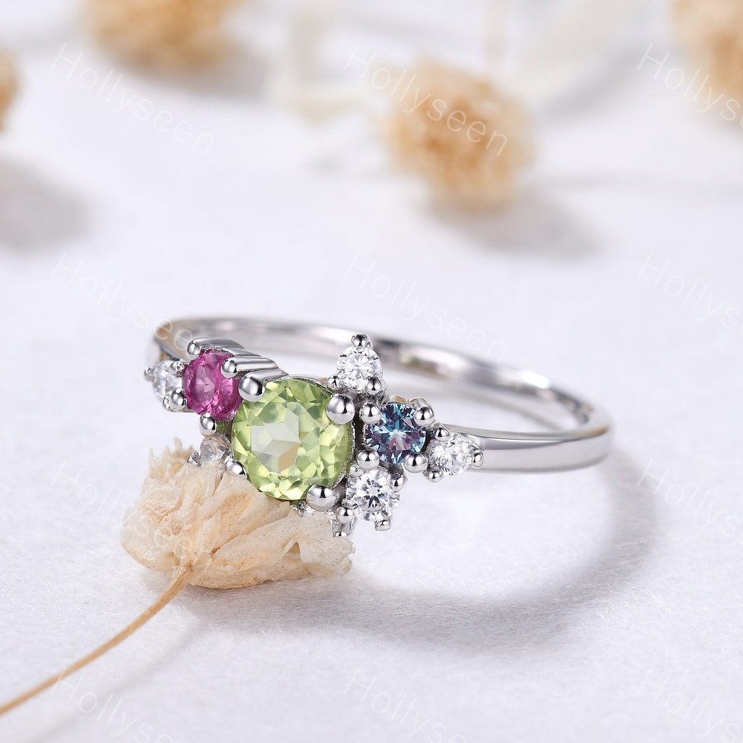 Unique Peridot Cluster Gemstone Ring Silver White Gold Pink Tourmaline ...