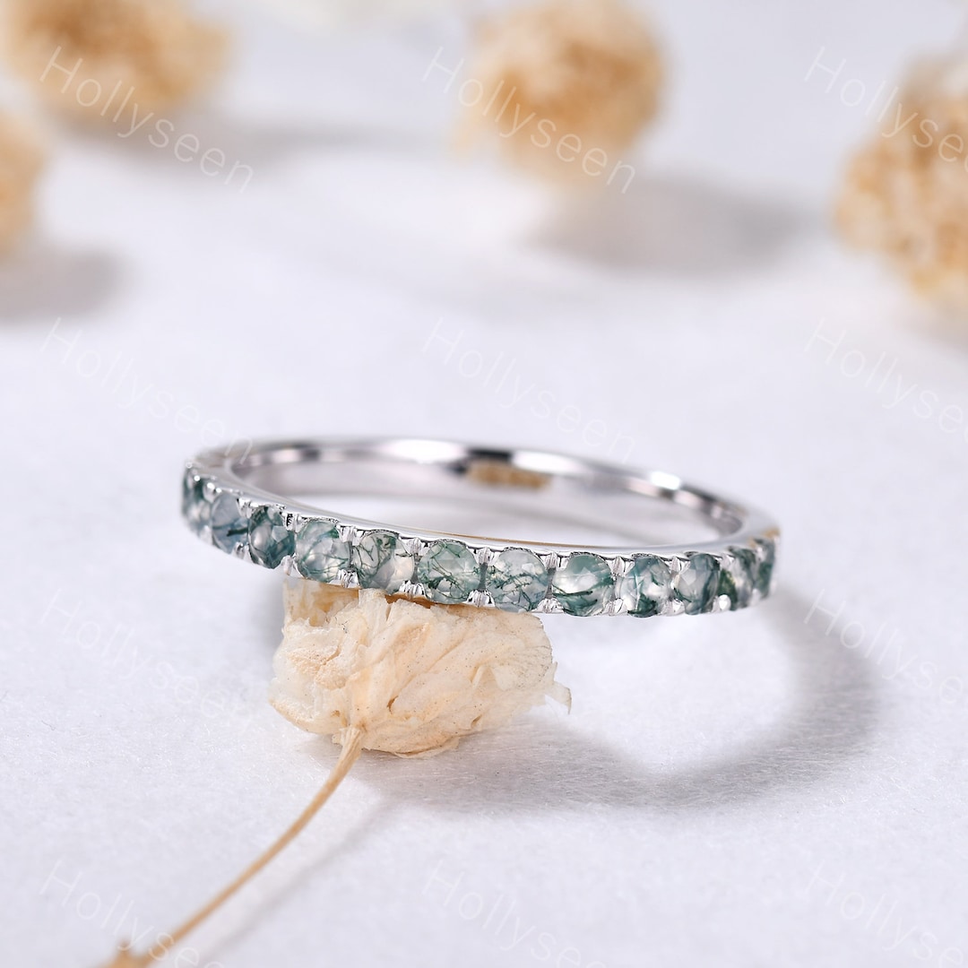 2mm Moss Agate White Gold Wedding Band Ring Silver Half Eternity Green Stone Stacking Ring ...