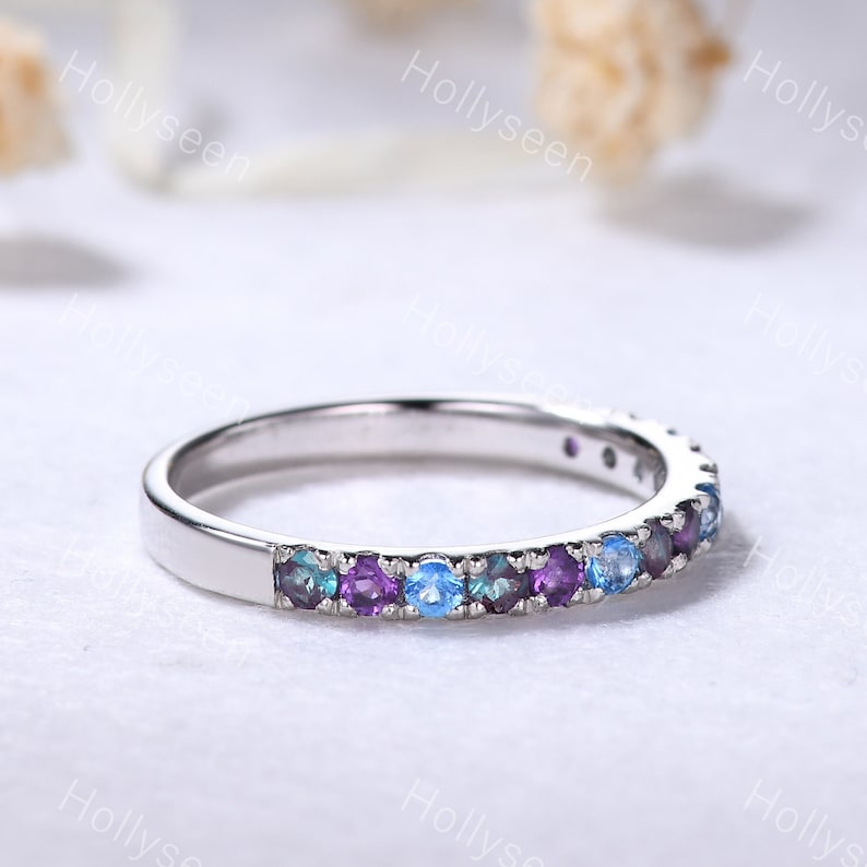 2mm Alexandrite Amethyst Wedding Ring Band Sterling Silver White Gold Blue Topaz Half Eternity ...