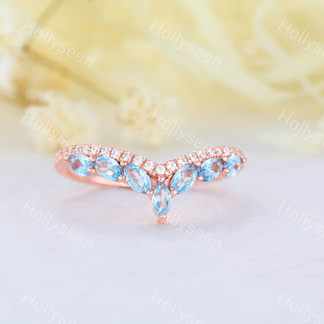 Blue Topaz Rose Gold Wedding Band Topaz Engagement Ring Curved Vintage ...