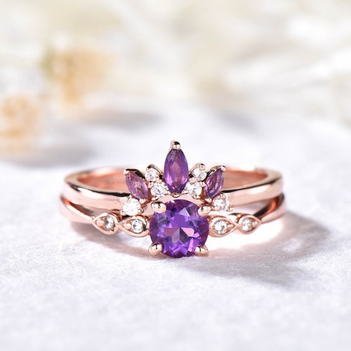 Purple Amethyst Ring Vintage Engagement Ring Set Rose Gold - Etsy