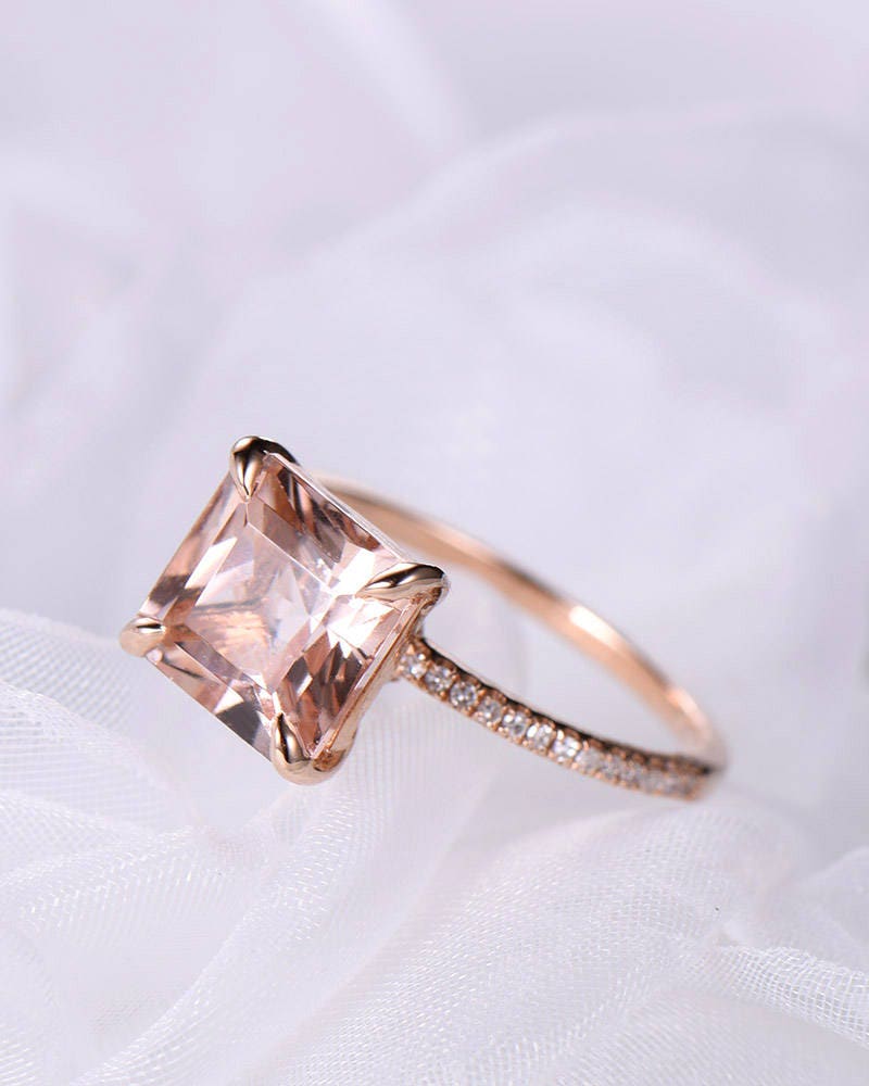 Princess Cut Morganite Engagement Ring 14k Rose Gold Sterling | Etsy