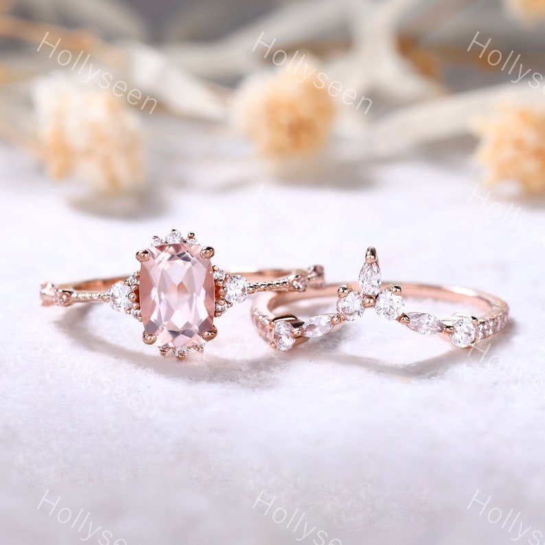 Cushion Cut Morganite Engagement Ring Set Rose Gold Pink - Etsy
