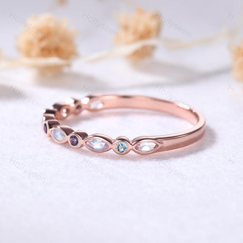 Vintage Moonstone Alexandrite Wedding Band 14k Rose Gold Dainty June ...