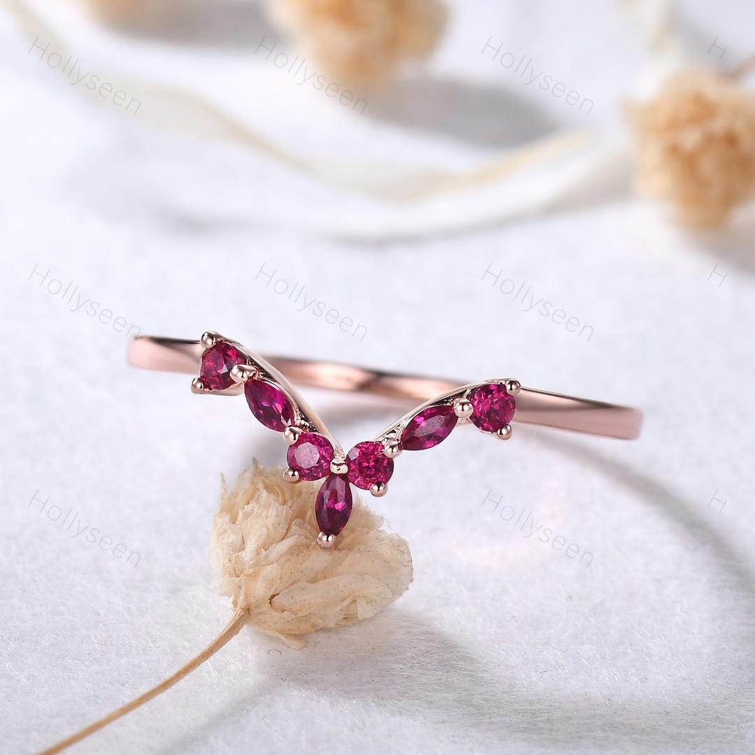 Ruby Rose Gold Curved Wedding Band Red Stone Engagement Stacking Ring ...