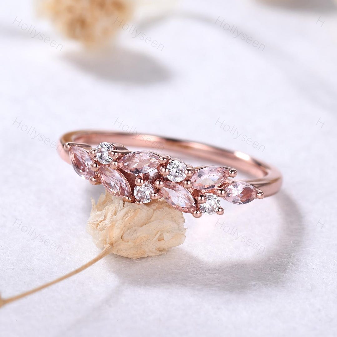 Marquise Morganite Moissanite Rose Gold Ring Vintage Pink Gemstone ...