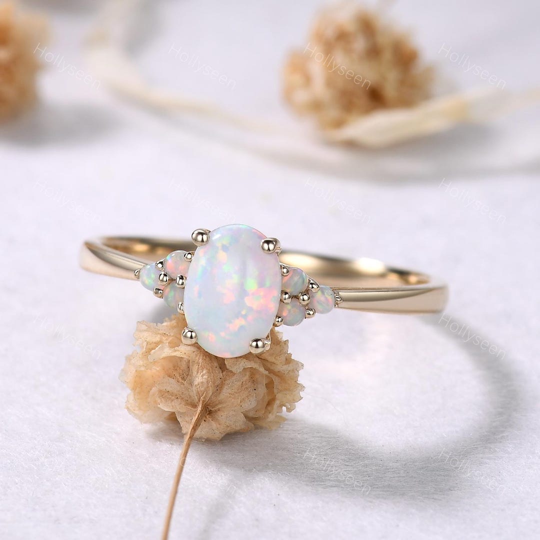 Oval Cut Opal Engagement Ring Yellow Gold White Opal Ring October ...