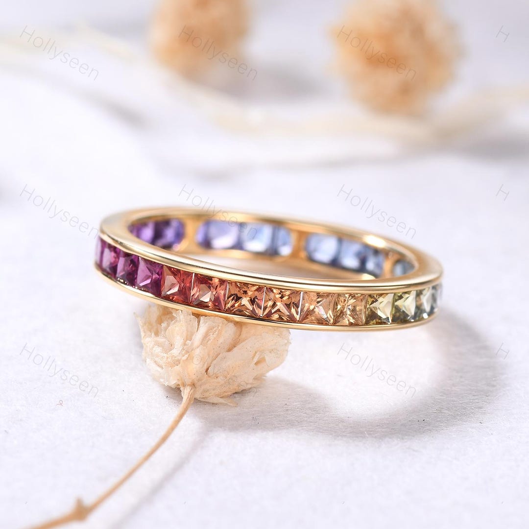 Princess Cut Sapphire Rainbow Wedding Ring Band Full Eternity ...