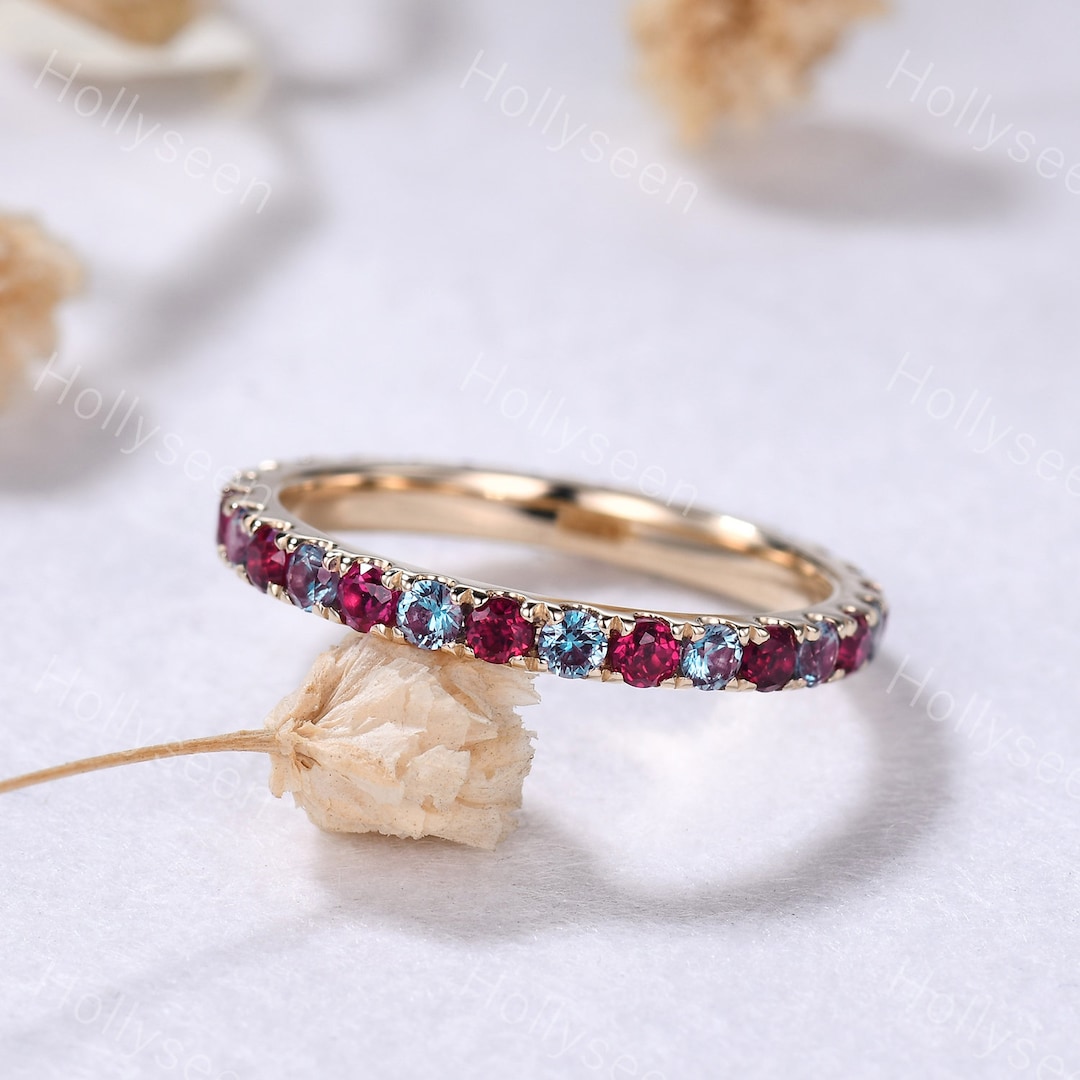 Full Eternity 2mm Alexandrite Ruby Engagement Ring Yellow Gold Wedding Band Dainty Birthstone ...
