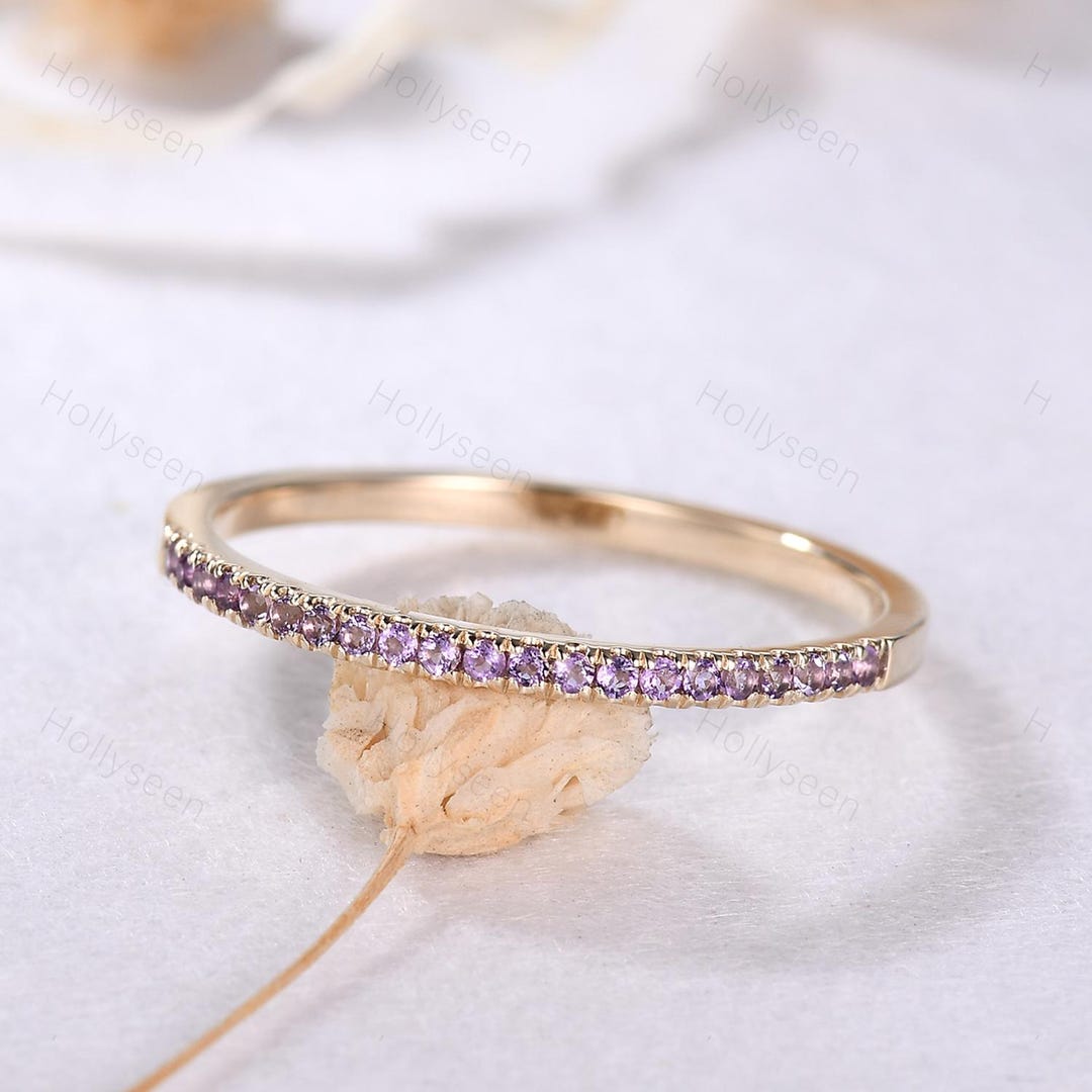 Amethyst Yellow Gold Wedding Band Half Eternity Thin Band Purple Gemstone Stacking Ring February ...