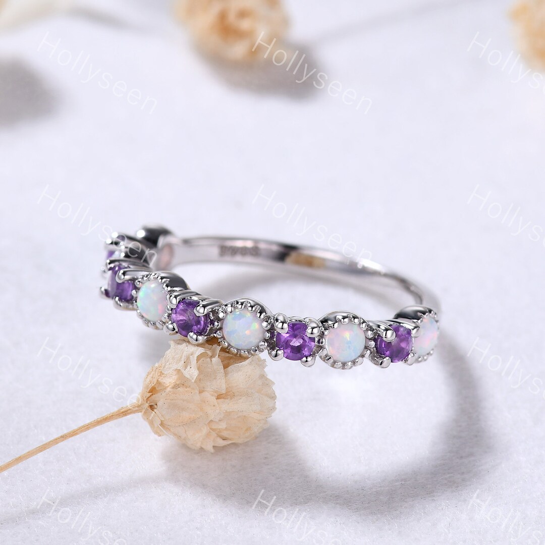 Vintage Opal Amethyst Engagement Ring Band 14k White Gold Purple ...