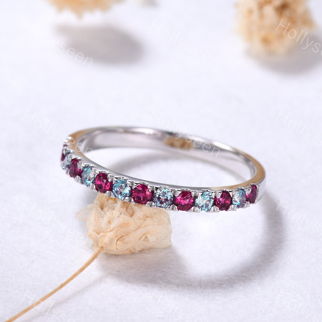 2mm Alexandrite Ruby Wedding Ring Band Silver White Gold Ring Half ...