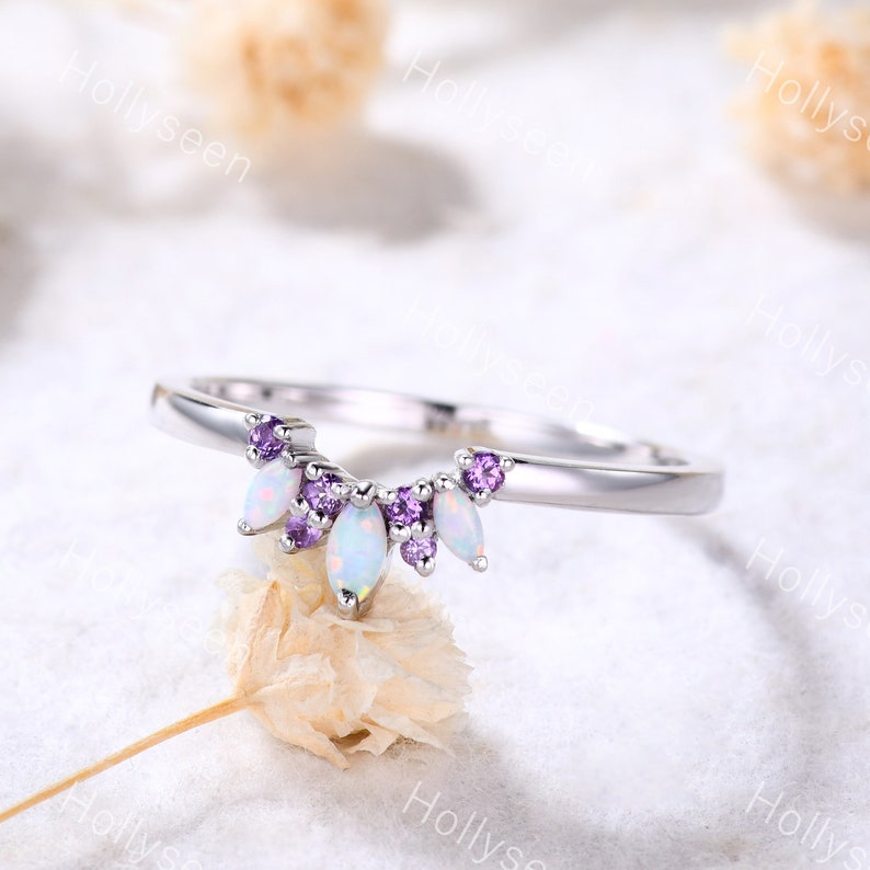 Curved Opal Wedding Band White Gold Amethyst Stackable Ring - Etsy