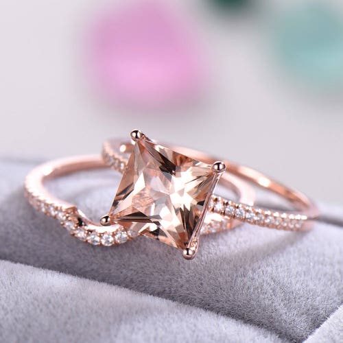 Big Cushion Cut Morganite Engagement Ring Set Rose Gold Halo Etsy