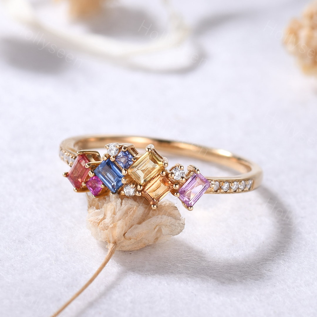 Dainty Rainbow Sapphire Engagement Ring 14k Yellow Gold Multicolor ...
