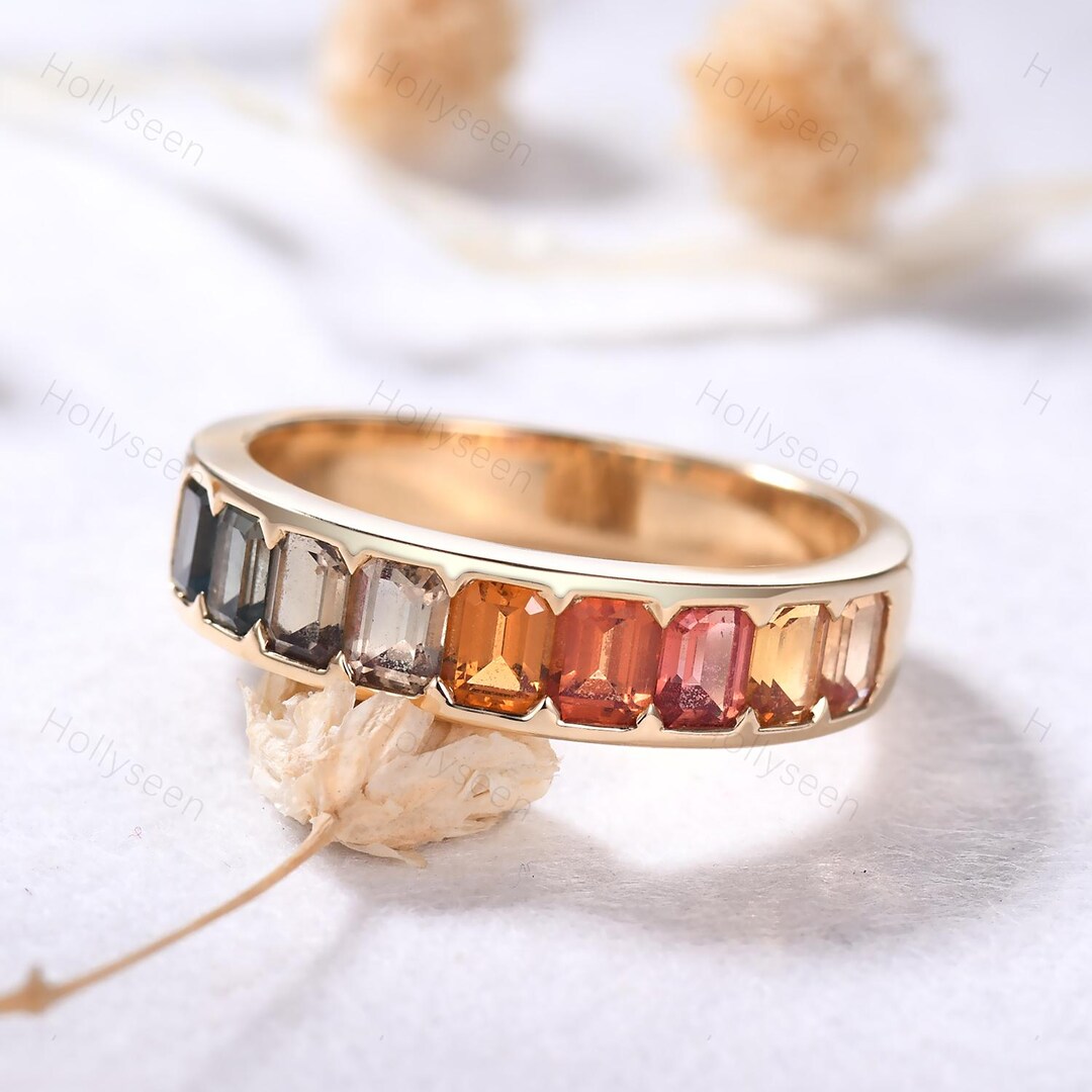 Emerald Cut Sapphire Rainbow Wedding Ring Band Multicolor September ...