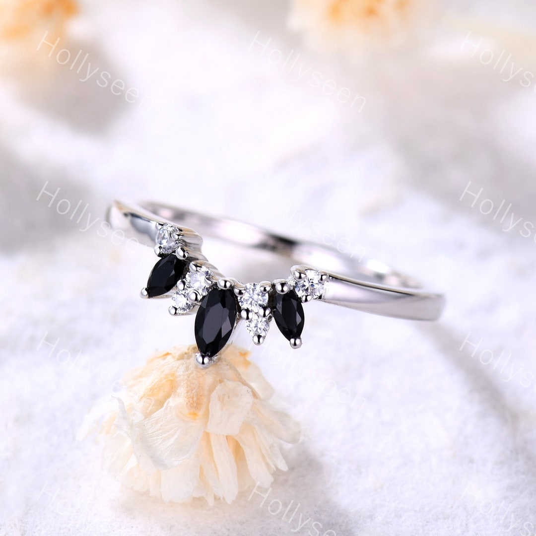 Black Onyx Moissanite Wedding Band Sterling Silver White Gold Curved Wedding Band Vintage ...