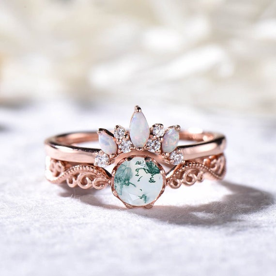 Natural Moss Agate Engagement Ring Set Opal Wedding Ring Set - Etsy