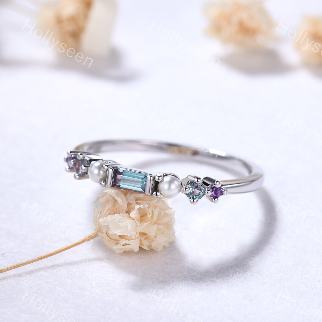 Dainty Baguette Cut Alexandrite Ring Vintage White Gold Amethyst Pearl ...