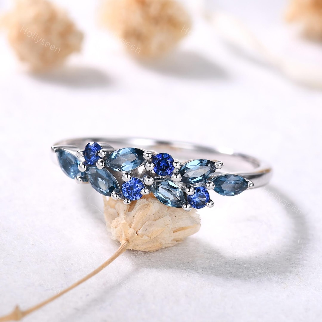 Vintage Blue Topaz Sapphire White Gold Ring Dainty Blue Gemstone ...