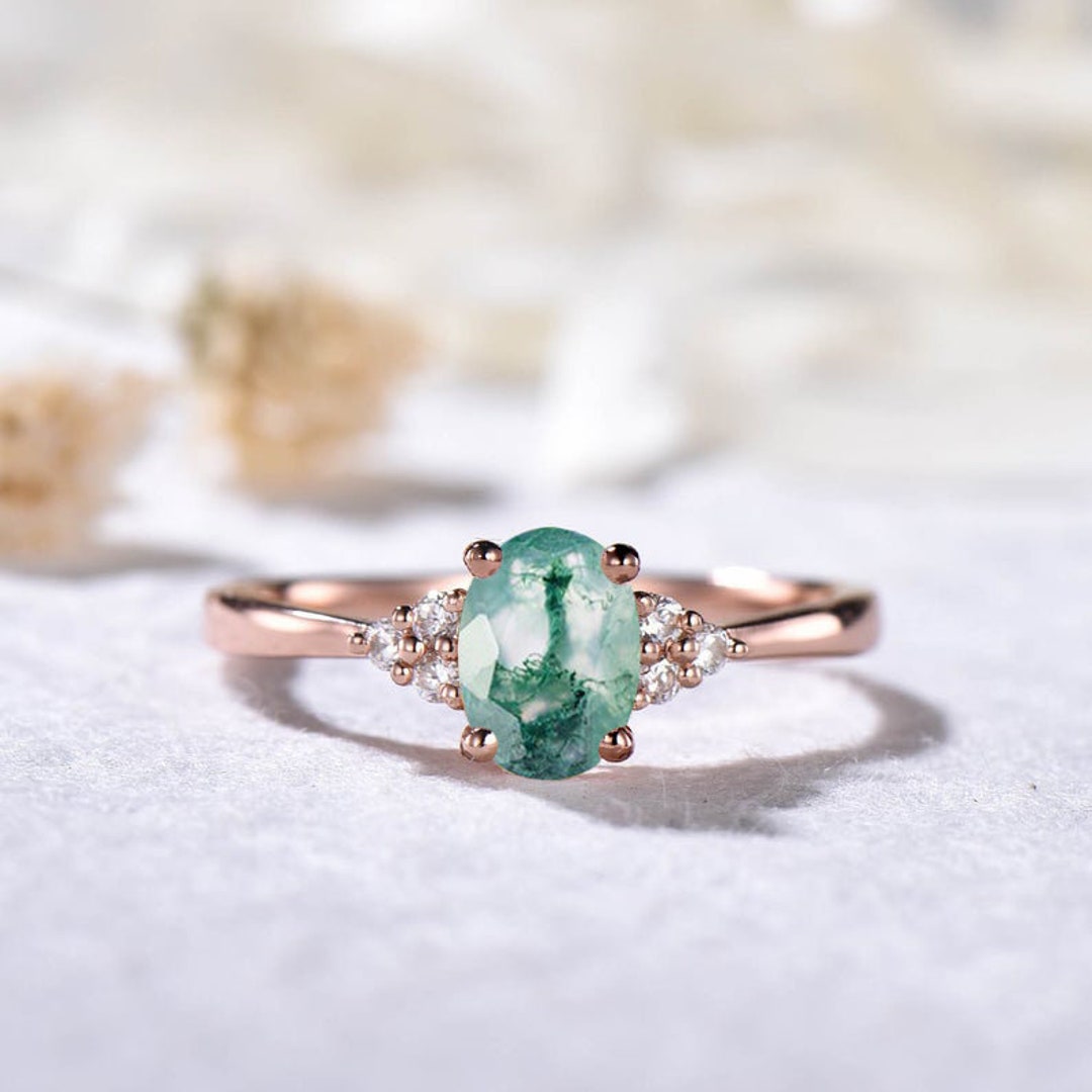 Moss Agate Cluster CZ Diamond Sterling Silver Rose Gold Women - Etsy