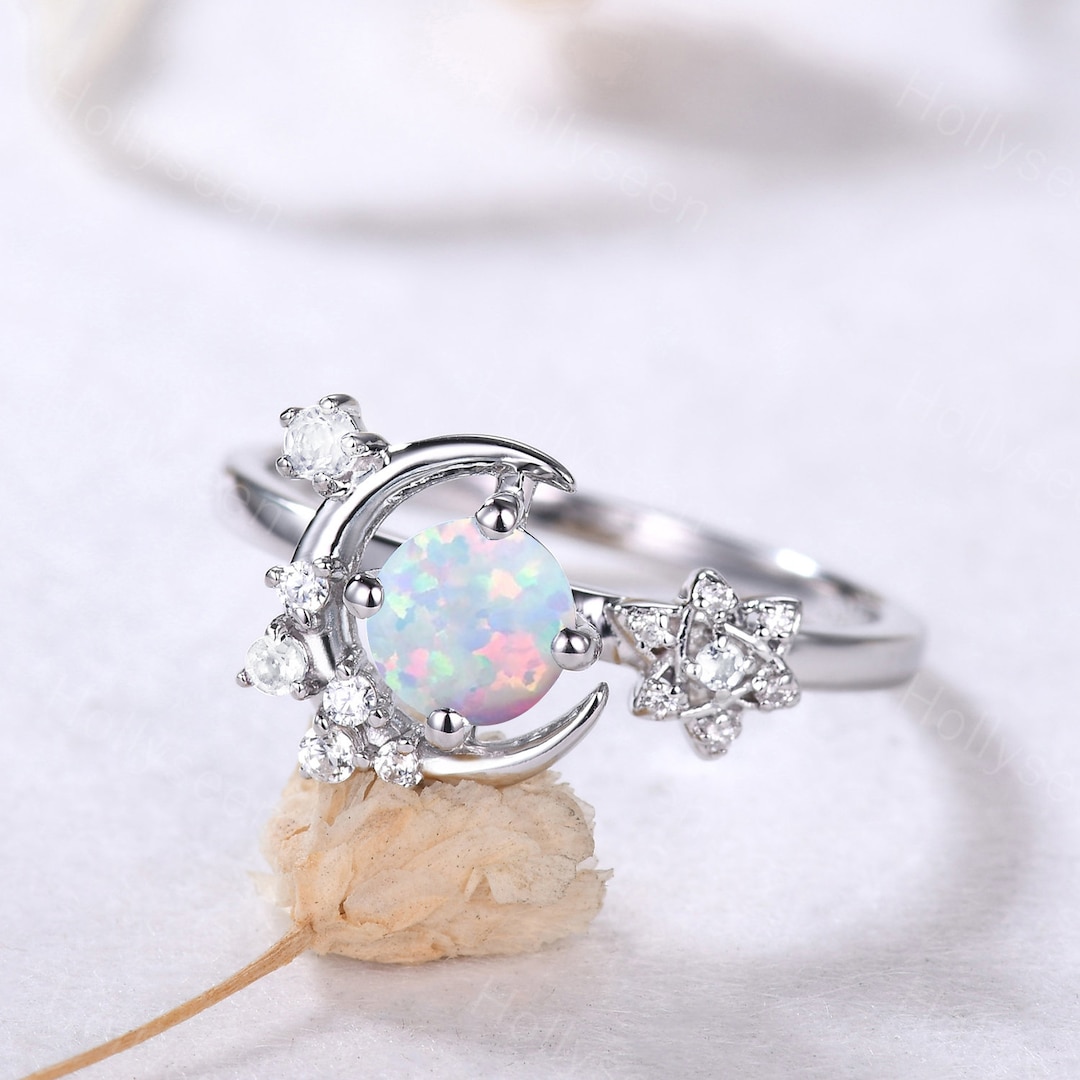 Vintage Fire Opal Crescent Moon Engagement Ring 14k White Gold ...