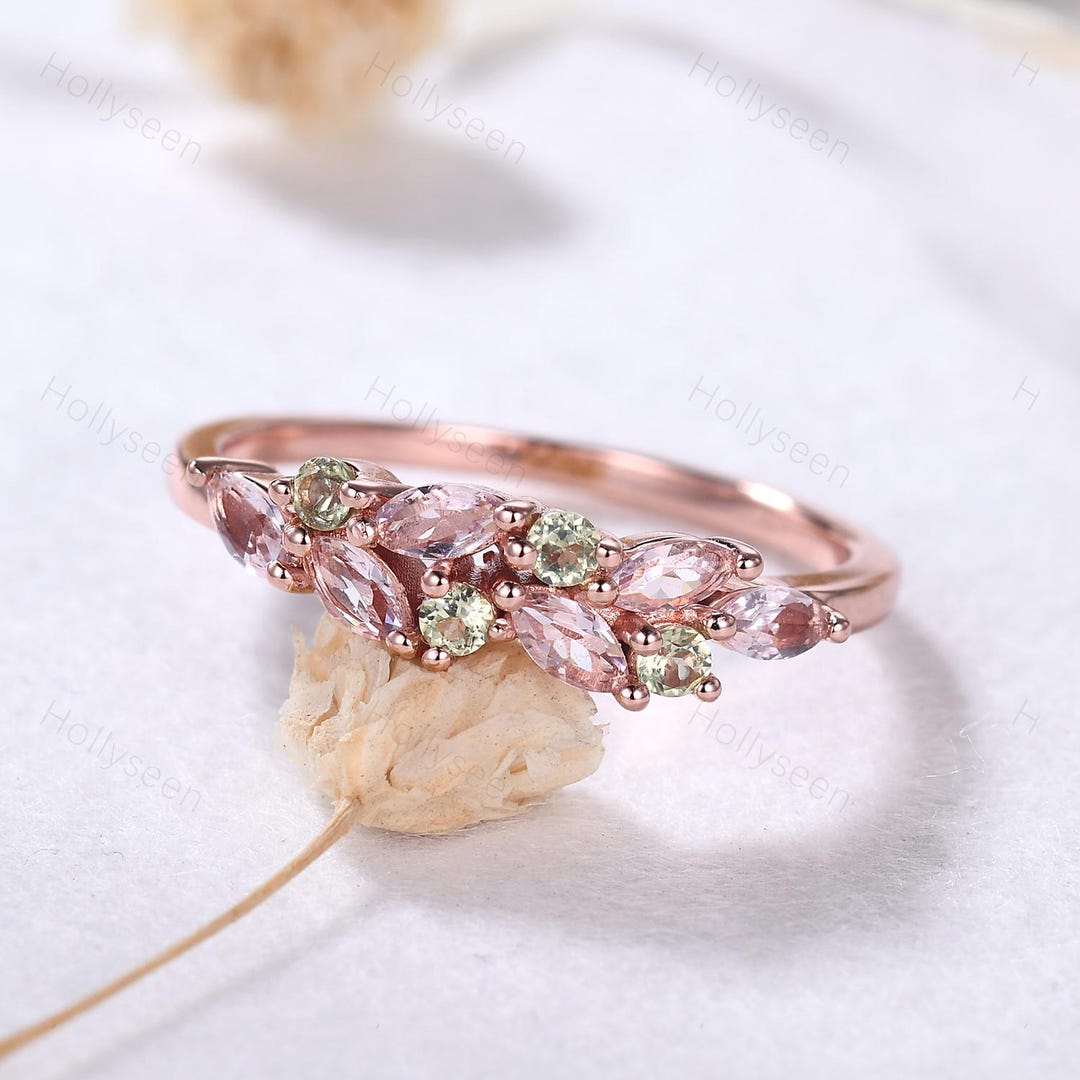 Marquise Morganite Peridot Rose Gold Ring Vintage Pink Green Gemstone ...