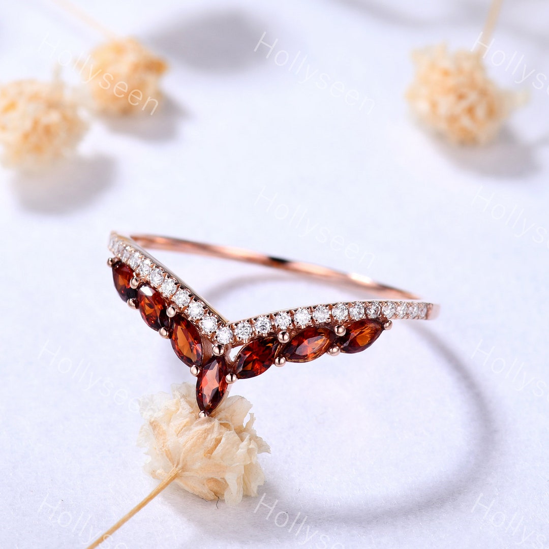 Marquise Red Garnet Wedding Ring Rose Gold Moissanite Wedding Band ...