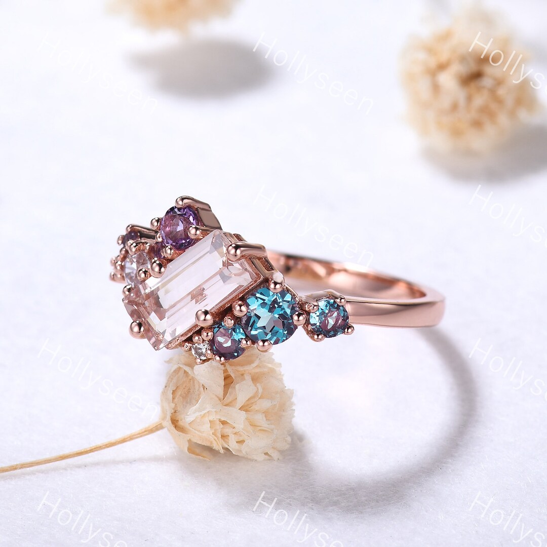 Unique Baguette Morganite Engagement Ring 14k Rose Gold Vintage Cluster ...