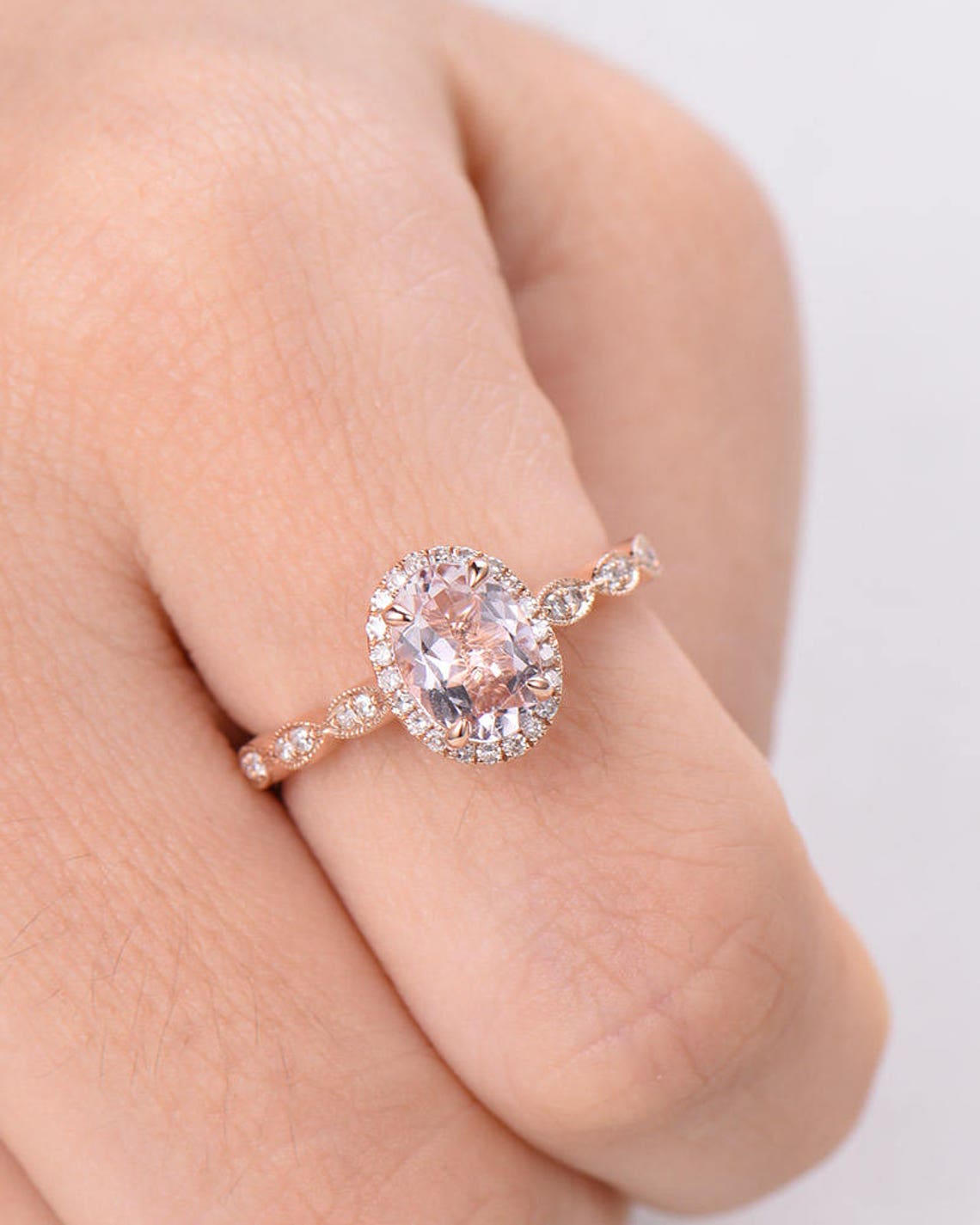 Rose Gold Pink Morganite Engagement Ring Cz Diamond Halo Etsy