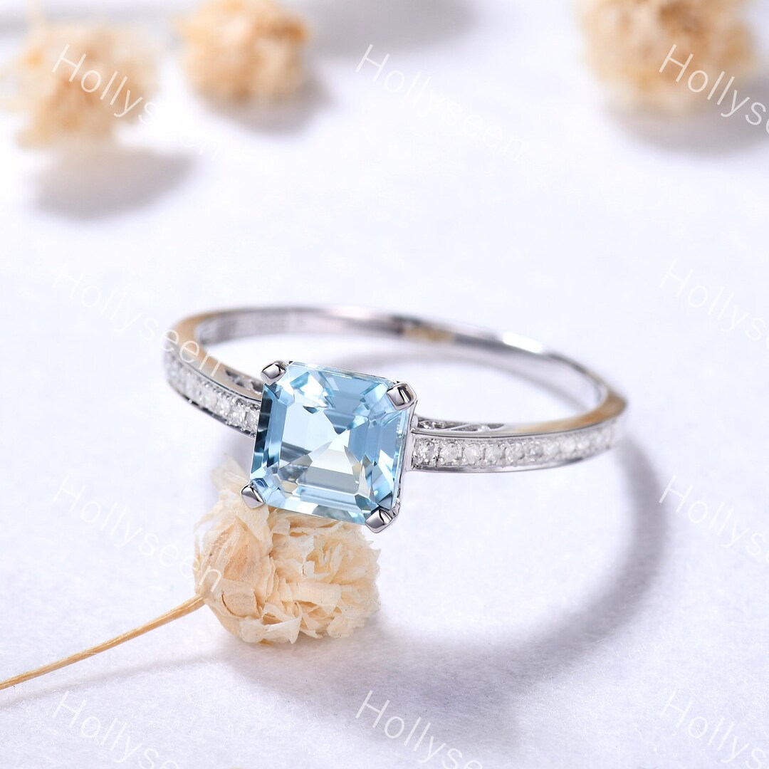 Vintage Asscher Cut Aquamarine Ring White Gold Dainty March Birthstone ...