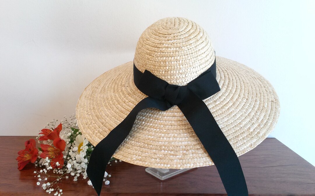 Natural Straw Wide Brim Hat With Ribbon and Bow at the Back, Fancy ...