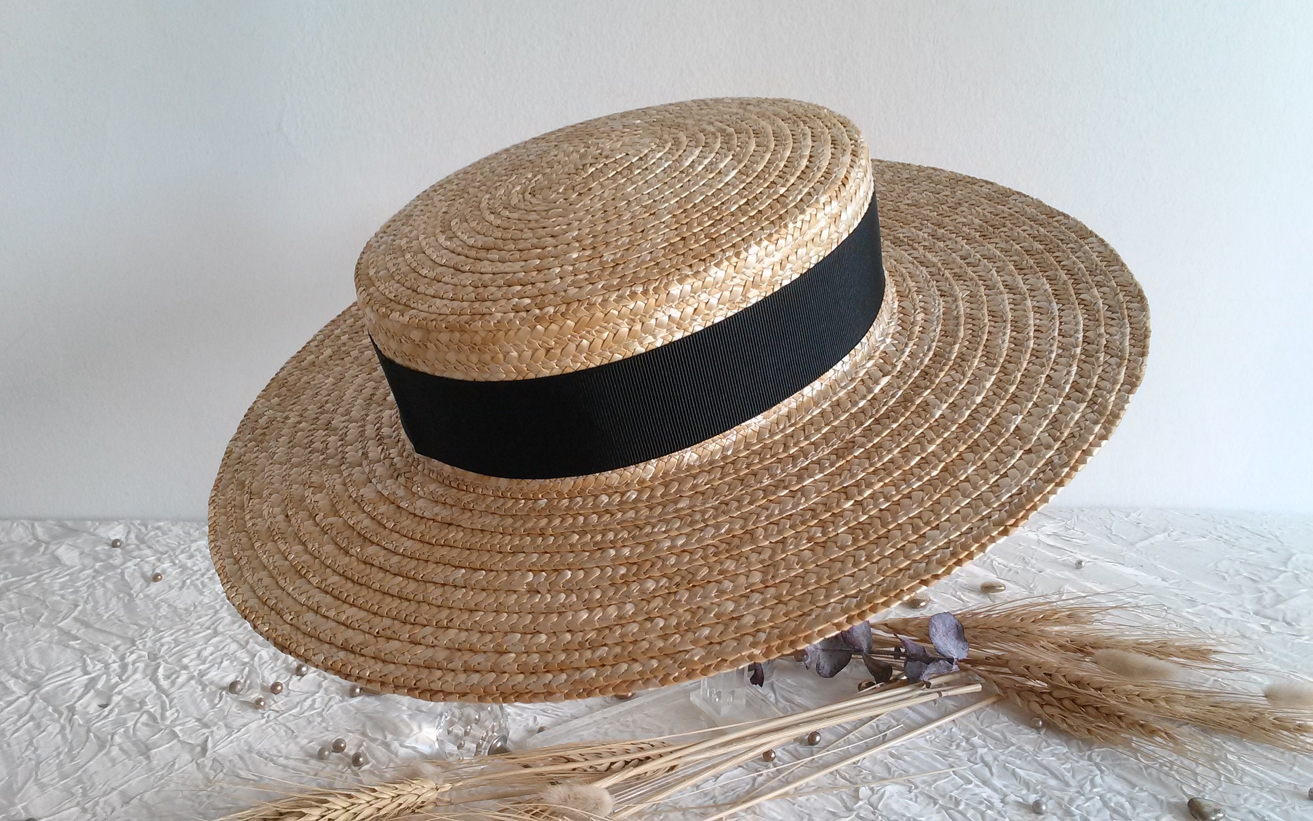 Natural Straw Boater Hat, Straw Boater Hat With Grosgrain Ribbon, Straw ...
