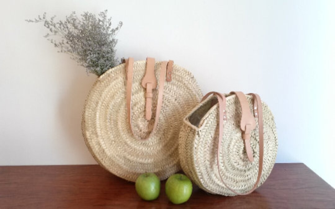 Summer Straw Tote Bag, Round Straw Handbag, Straw Basket With Leather ...