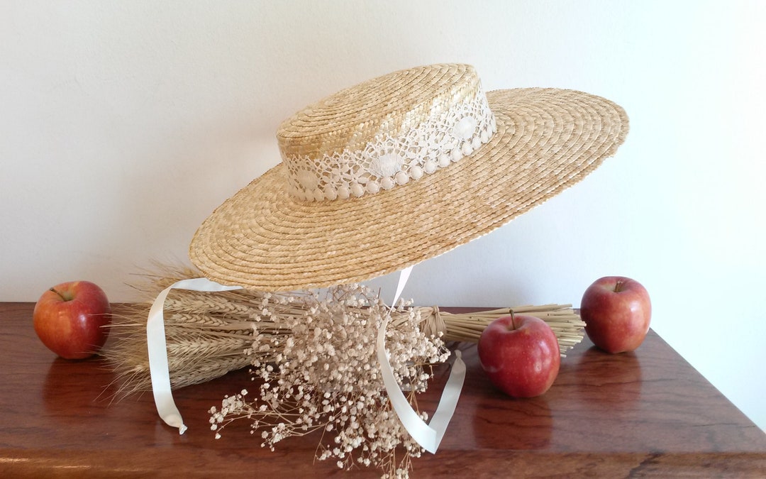 Natural Straw Wedding Hat, Wide-brimmed Boater Hat Adorned With Ecru ...