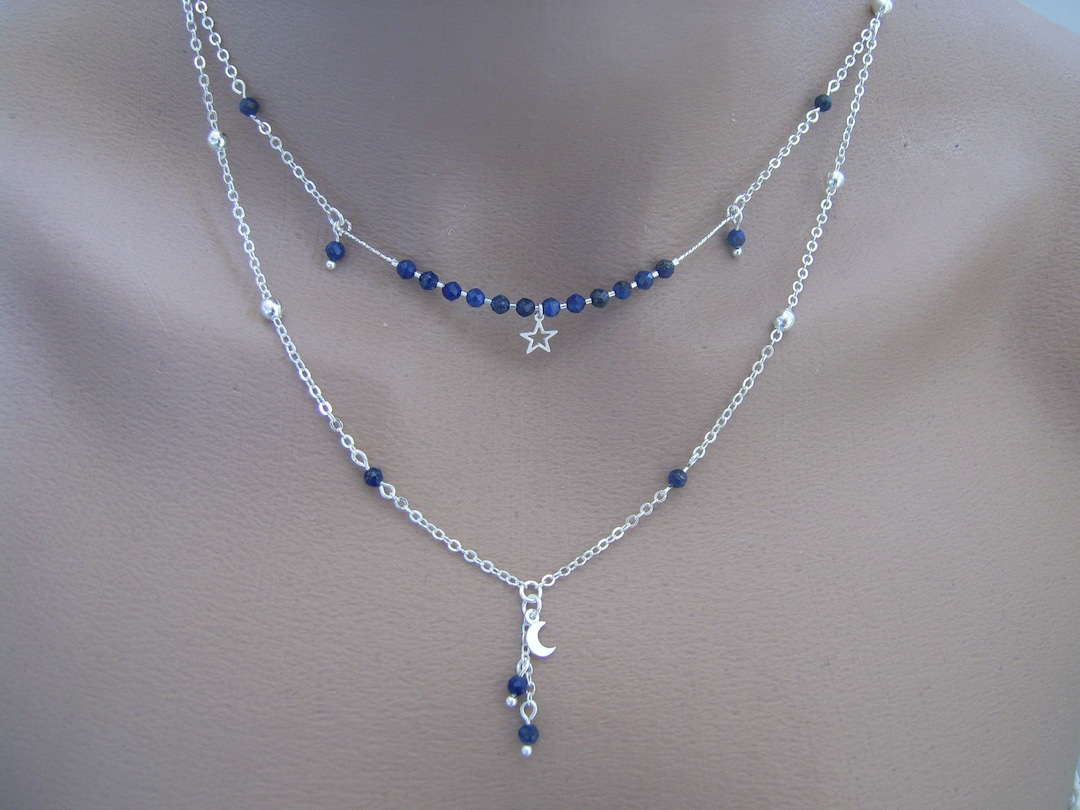 925 Sterling Silver Double 2-row Chain Necklace Star Moon Pendant ...