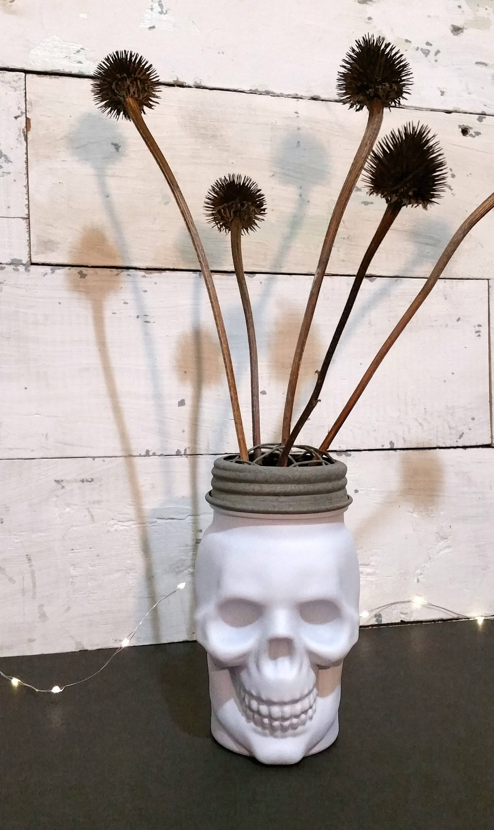 White Skull Vase Flower Floral Display Steampunk Gothic Glass Mason ...