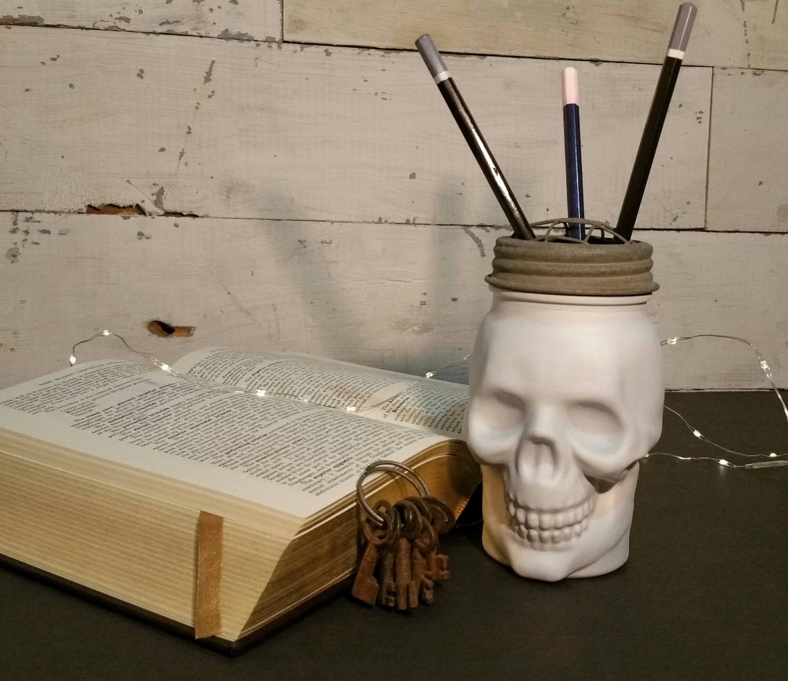 White Skull Pencil Pen Paintbrush Holder Steampunk Gothic - Etsy