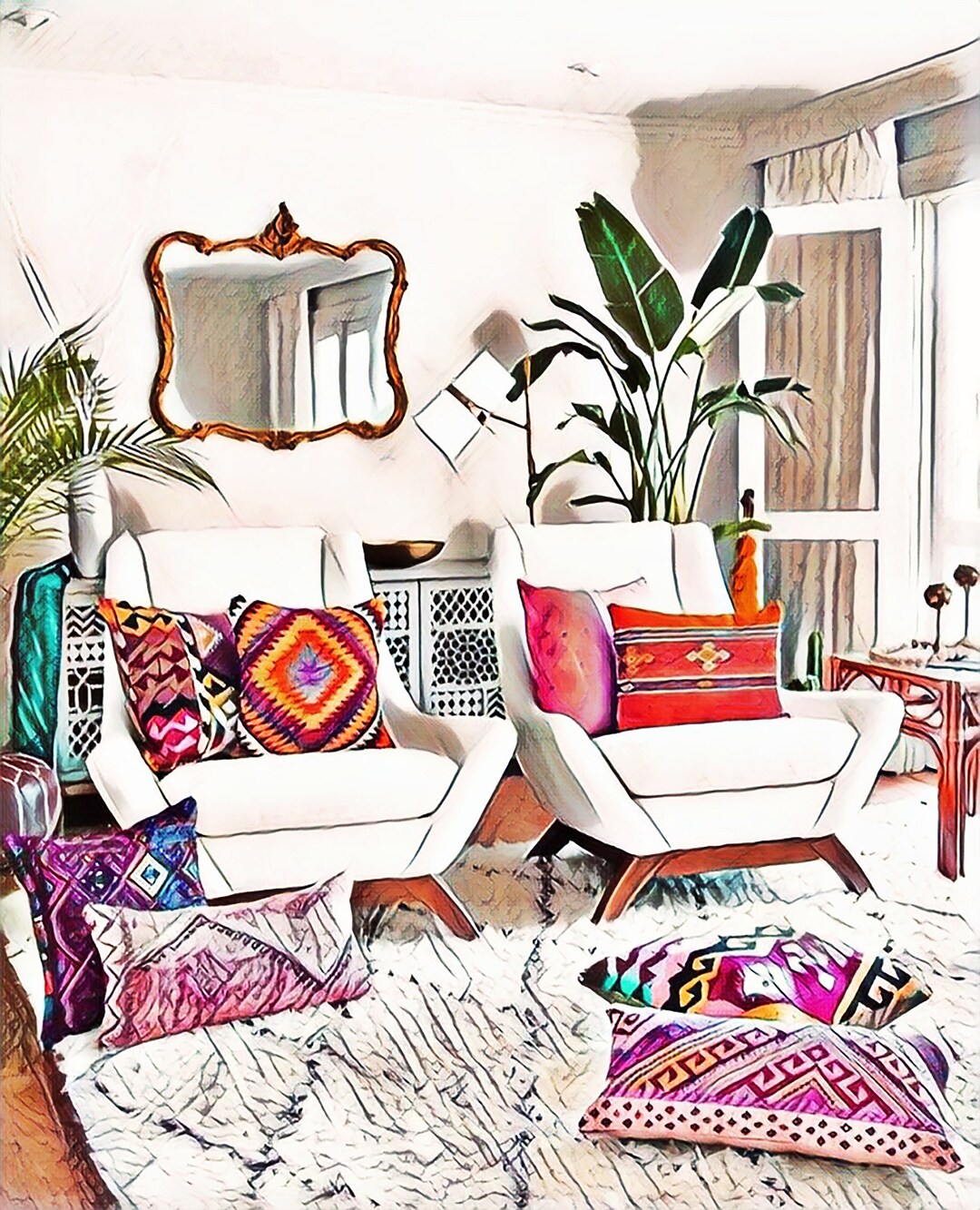 Illustrated Digital Background Livingroom Theme Instant Download Jpeg ...