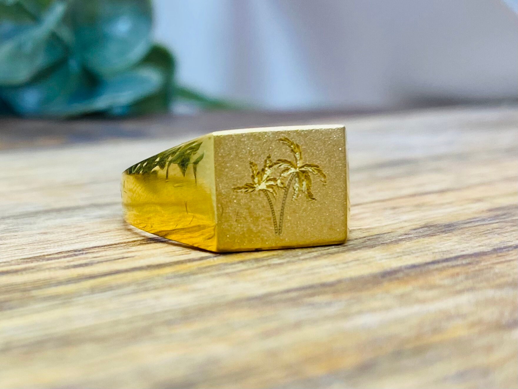 Palm Tree Signet Ring Gold Plated Signet Ring Gold Signet - Etsy