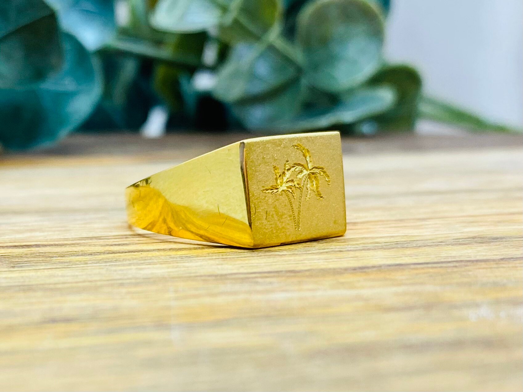 Palm Tree Signet Ring Gold Plated Signet Ring Gold Signet - Etsy