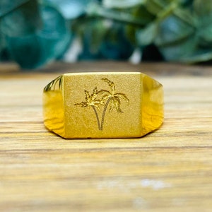 Palm Tree Signet Ring - Gold Plated Signet Ring, Gold Signet Ring, Palm ...