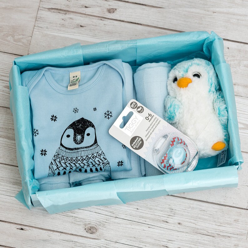 Penguin Baby Gift Box Penguin Babygrow Soft Toy Muslins & - Etsy