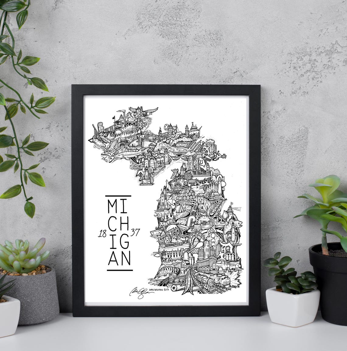 Michigan Map Drawing Print - Etsy
