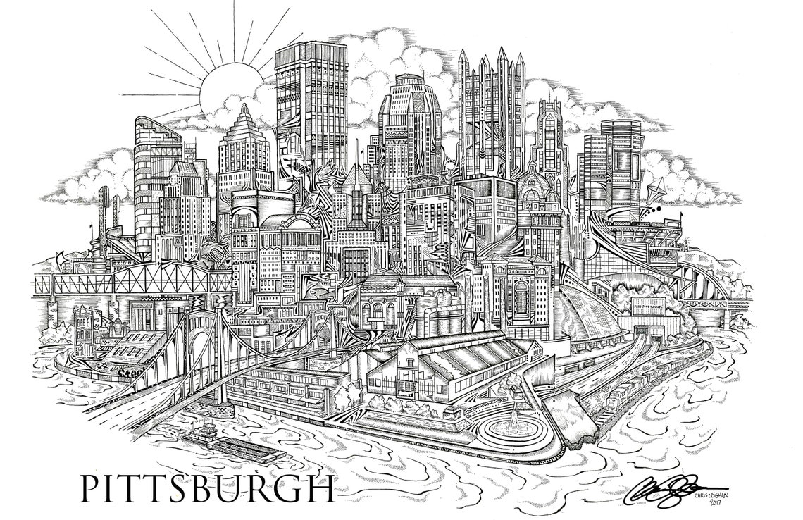 Pittsburgh Skyline Print – Hand-printed Black Ink Drawing - Etsy