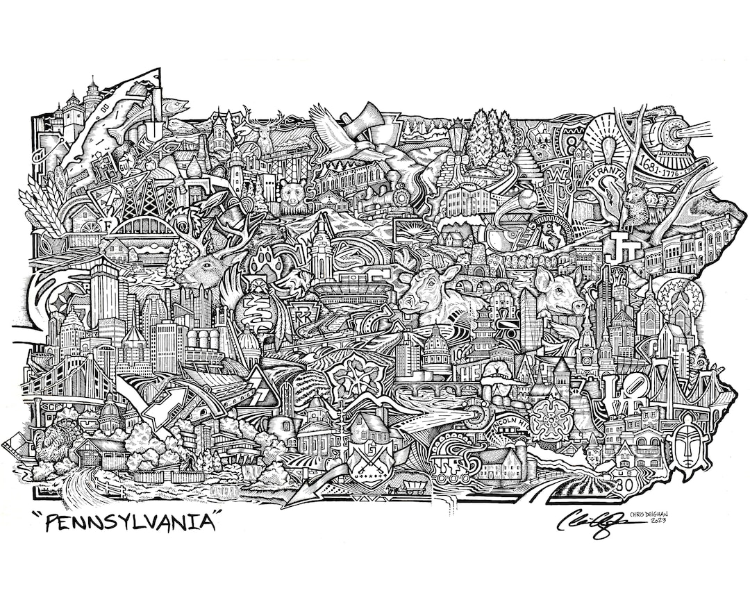 Pennsylvania Map Drawing - Etsy