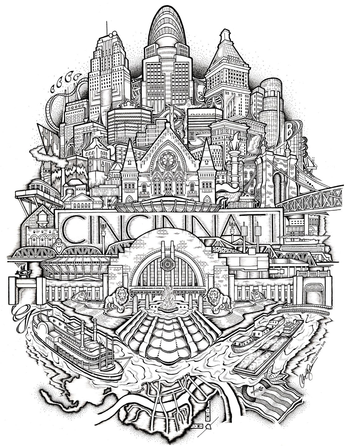 Cincinnati Ink Drawing Art Print - Etsy