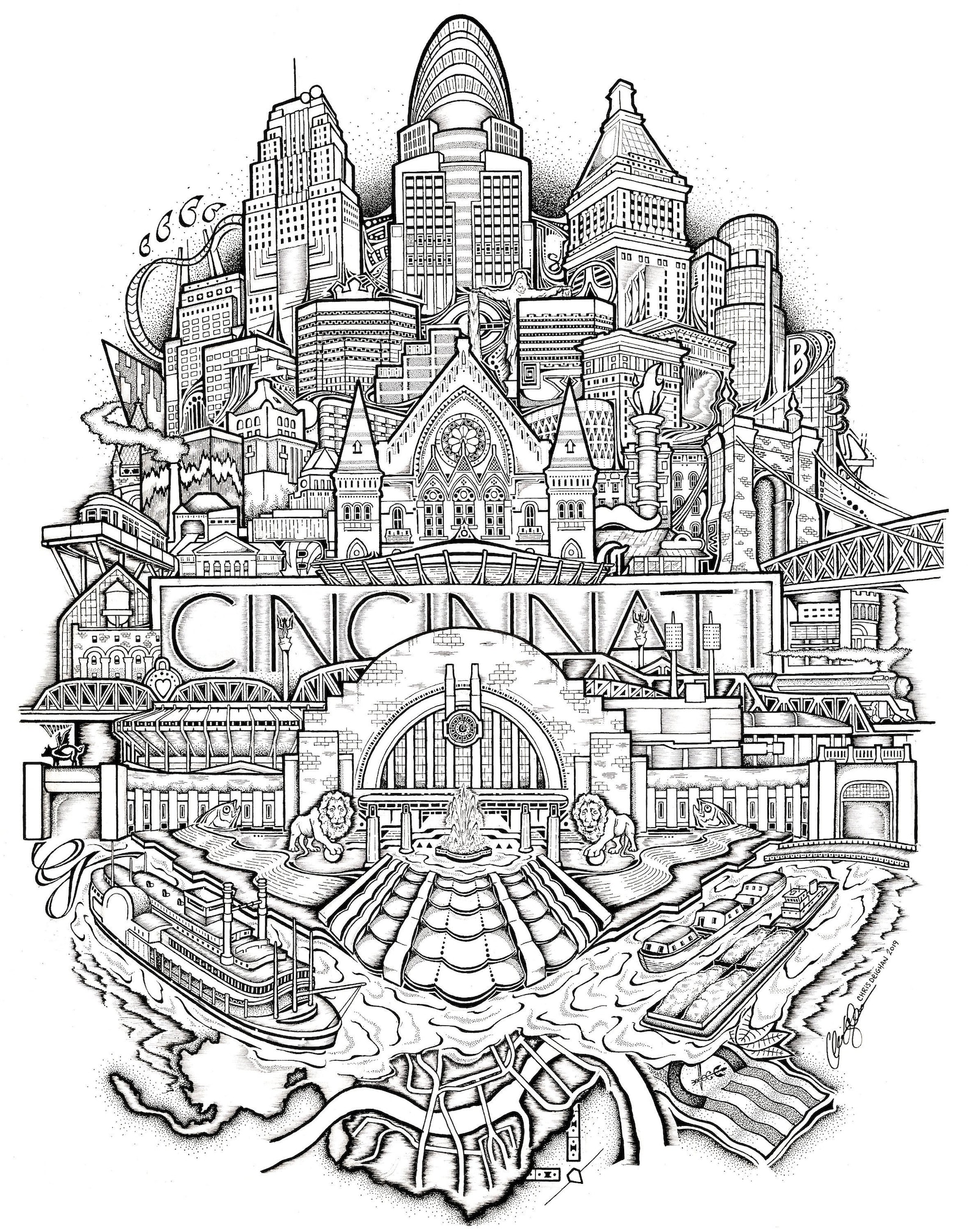 Cincinnati Ink Drawing Art Print - Etsy