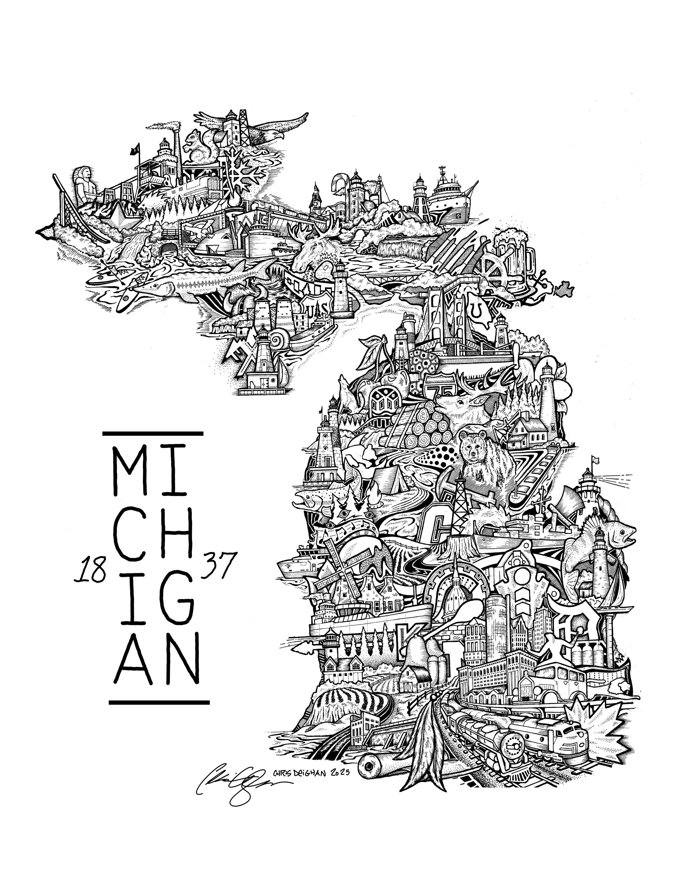 Michigan Map Drawing Print - Etsy