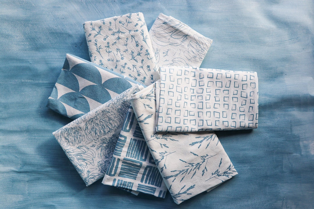 BLUE Boho Original Designs on Tea Towel Bright White Flour Sack Cotton ...